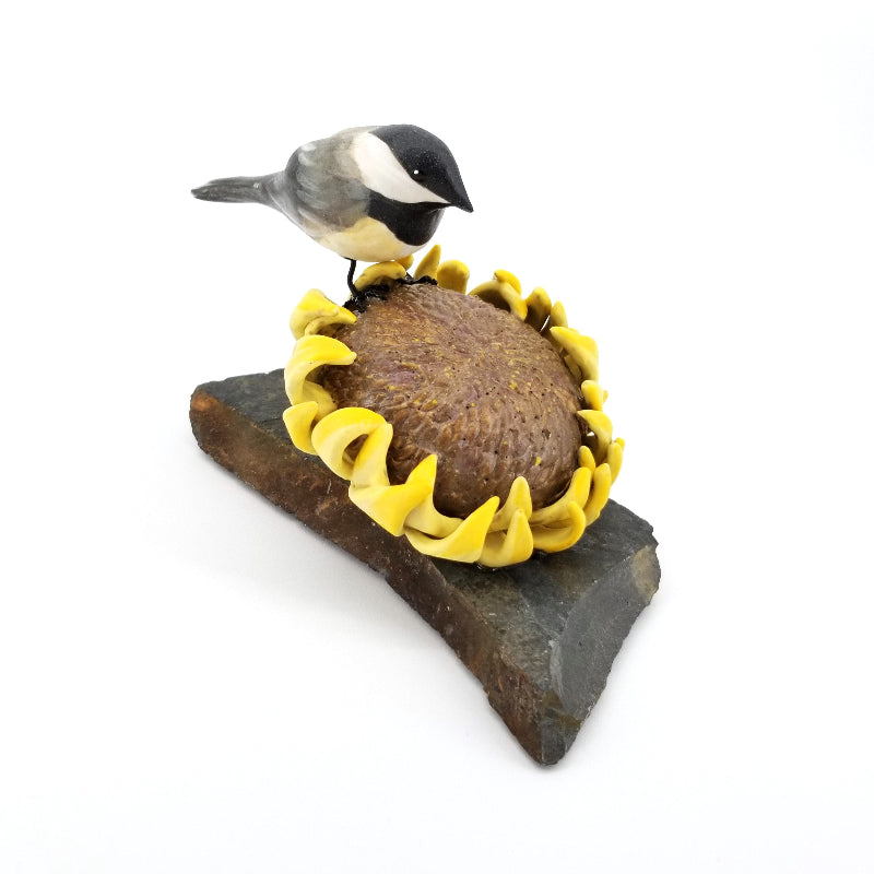 Chickadee on Sunflower Sculpture | Arts and Heritage Foundation St. Albert